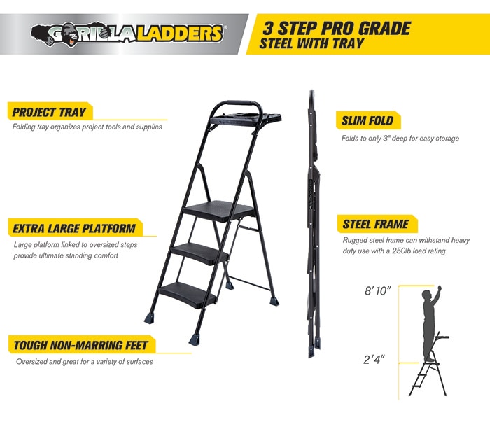 Gorilla Ladders 3-Step Steel Step Stool Pro-Grade Project Ladder with 250 lb. Load Capacity ...